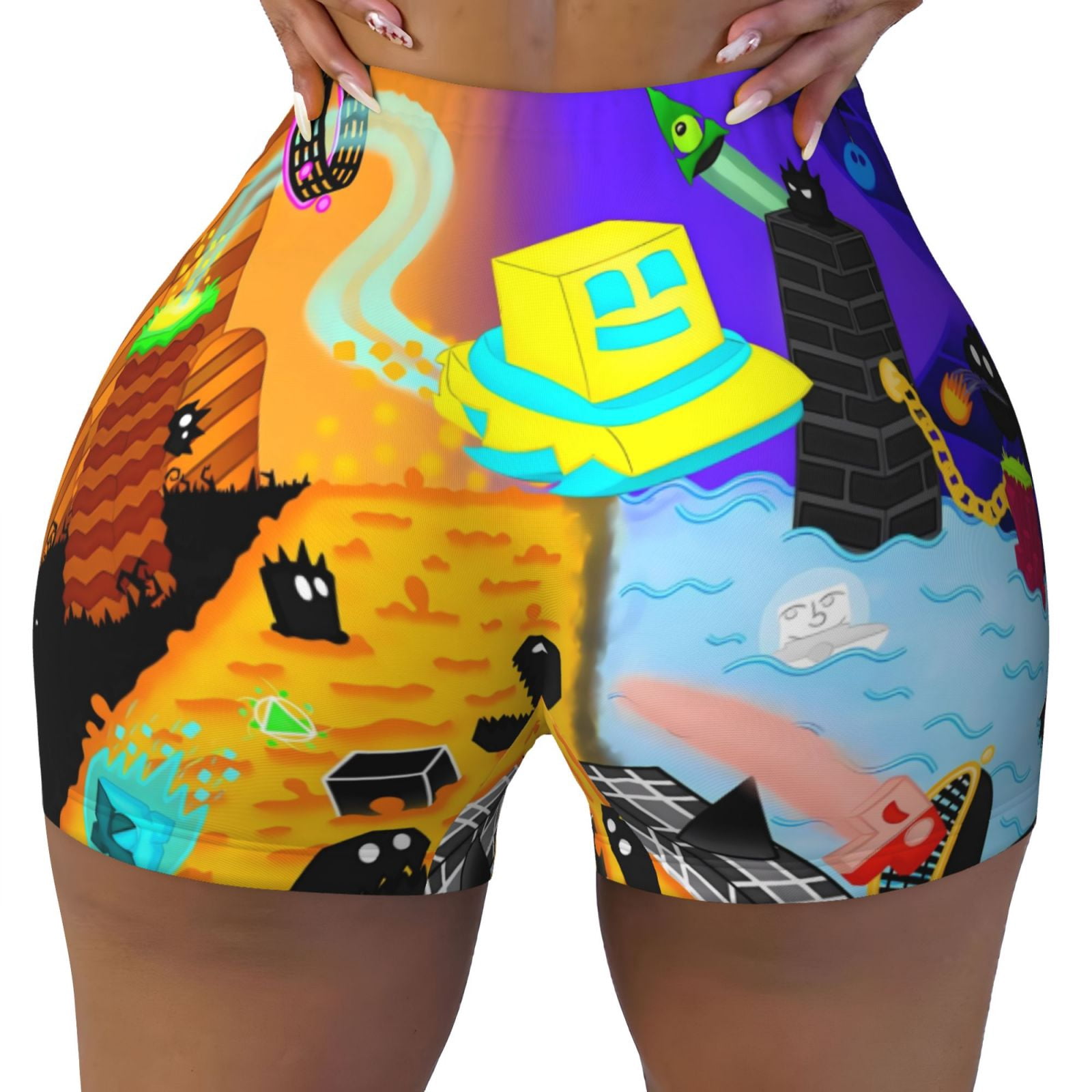 Gokiu Geometry Dash Workout Shorts for Women Yoga Biker Shorts High ...