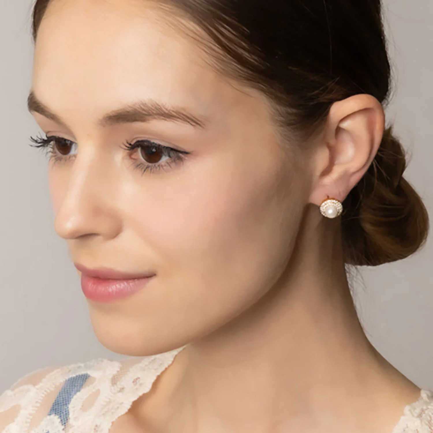 Gold 14K Gold Dipped CZ Stone Paved Double Rim Radiant Pearl Stud ...