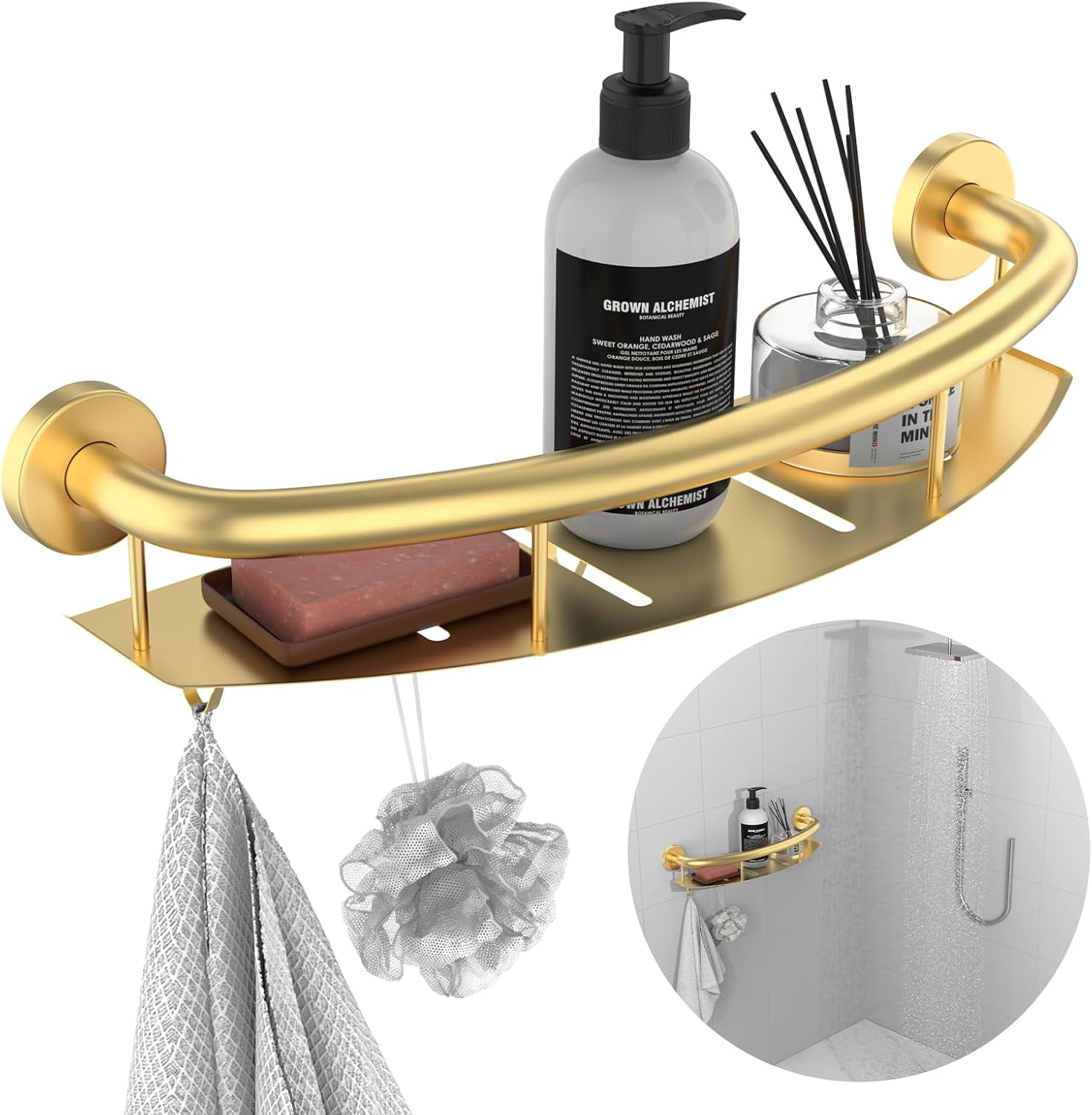 Gold 18-inch Safety Grab Bar with Storage Shelf for Bathtub or Shower ...