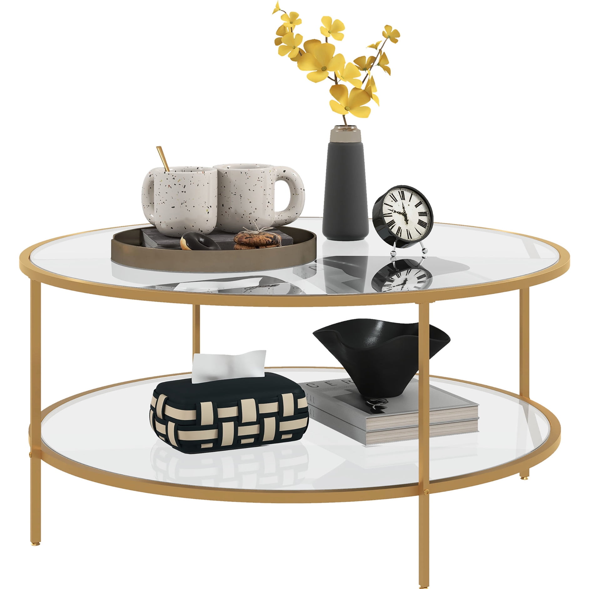 Gold 2-Tier Round Side Table for Living Room Storage Adds Contemporary ...