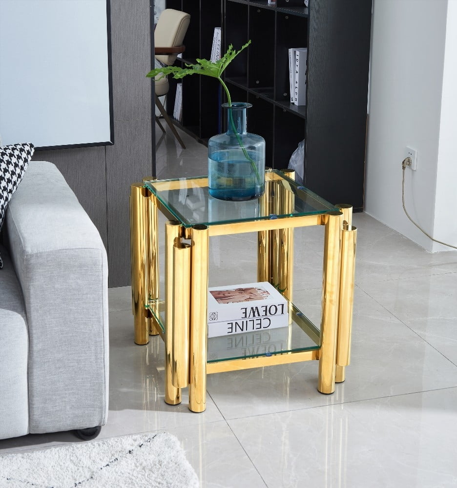 Gold 20 Inch Square End Table - Double-Layer Clear Tempered Glass ...