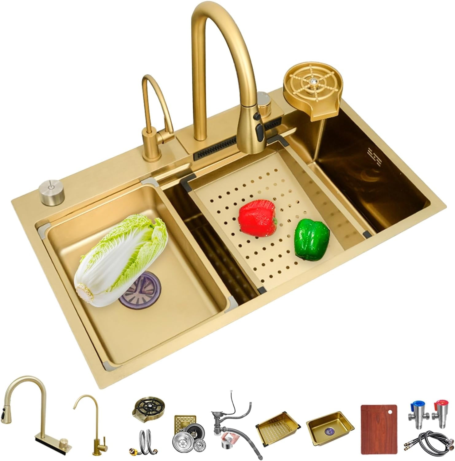 Gold 29.5" Drop In Single Bowl Waterfall Kitchen Sink With Faucet And ...