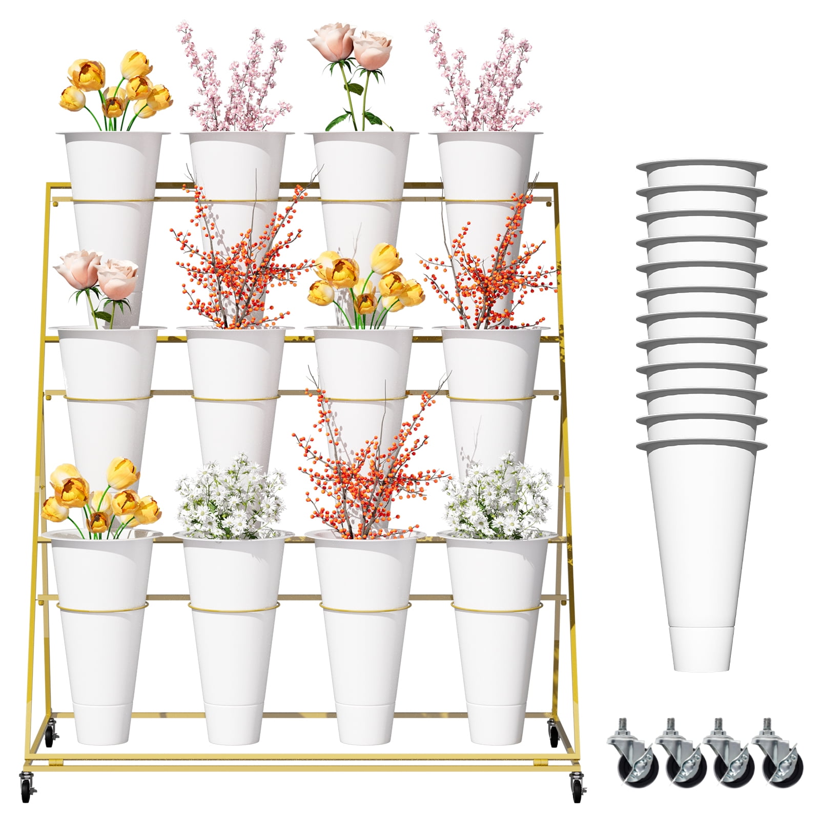Gold 3-Layer Flower Cart Shelf with Wheels, Metal Stand with 12 White ...