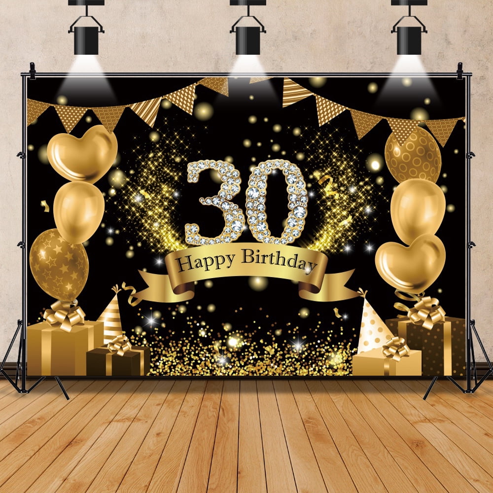SUNOLIFE Black Gold 30th Birthday Backdrop Banner,Happy Birthday Party ...