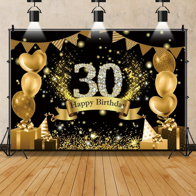 SUNOLIFE Black Gold 30th Birthday Backdrop Banner,Happy Birthday Party ...