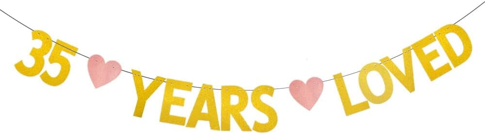 Gold 35 YEARS LOVED Glitter Banner,Pre-Strung,35th Birthday/Wedding ...