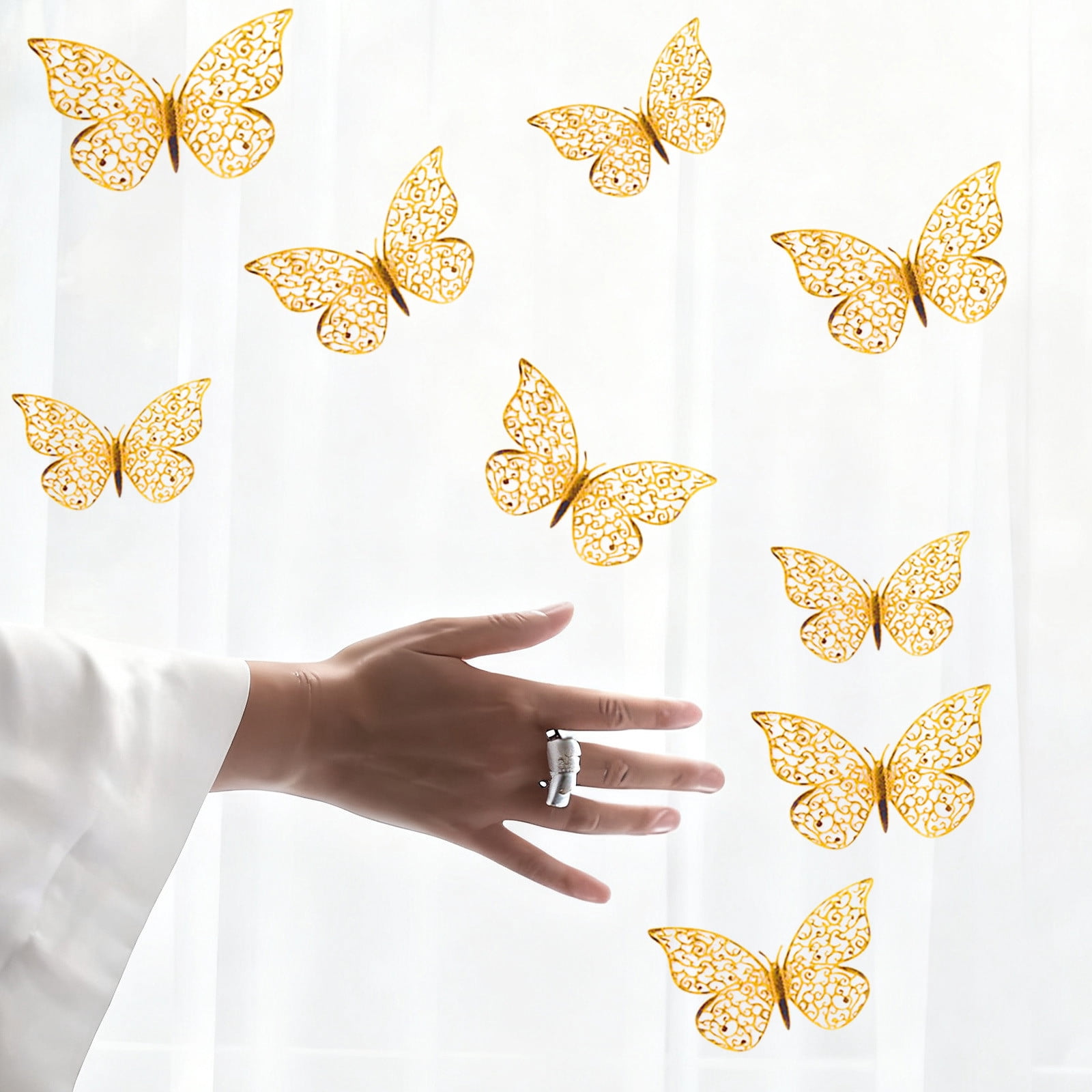 Gold 3D Butterfly Wall Stickers – 12PCS Removable Metallic Wall Decals ...