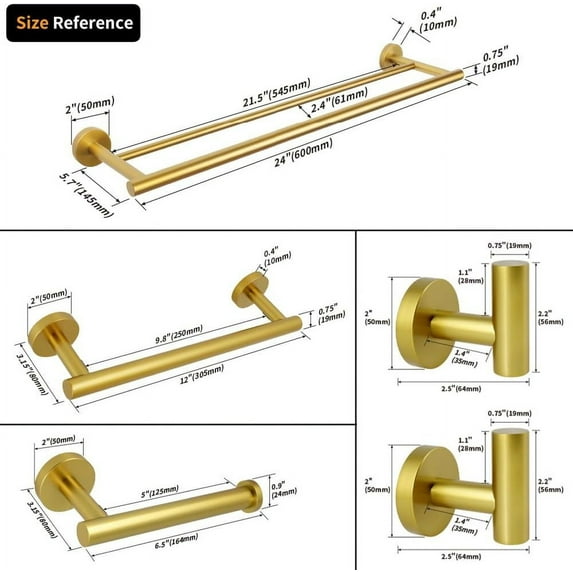 Gold 5-Pieces Bathroom Hardware Set Wall Mounted - Includes 24" Double ...