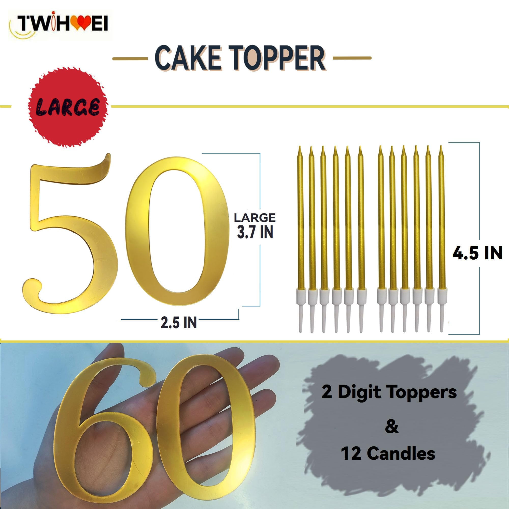 Gold 50 AJH3 Cake Topper with Candles for Cakes Happy 50th Decorations ...