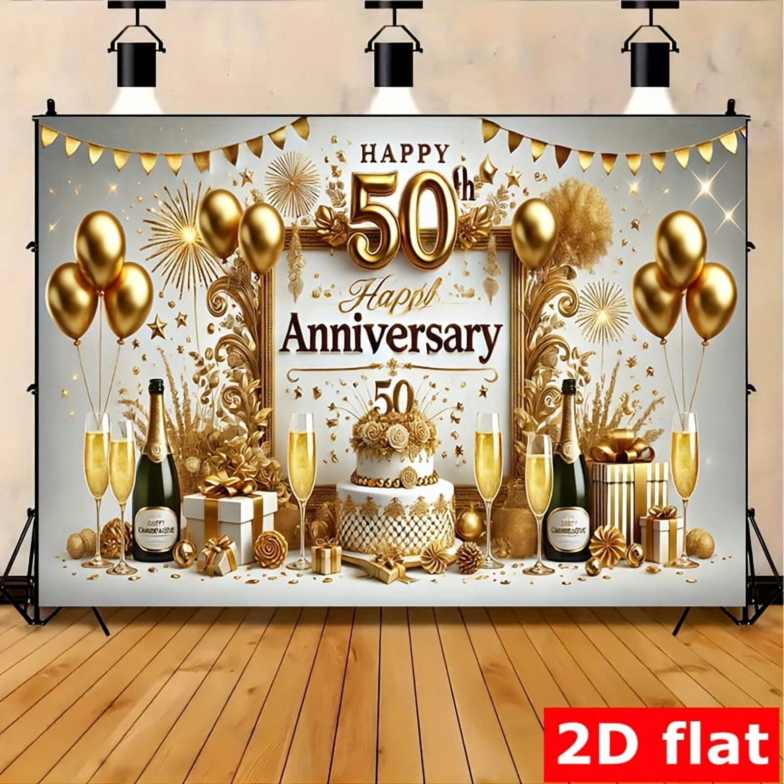 Gold 50th Anniversary Backdrop Golden Balloons Happy 50th Anniversary ...