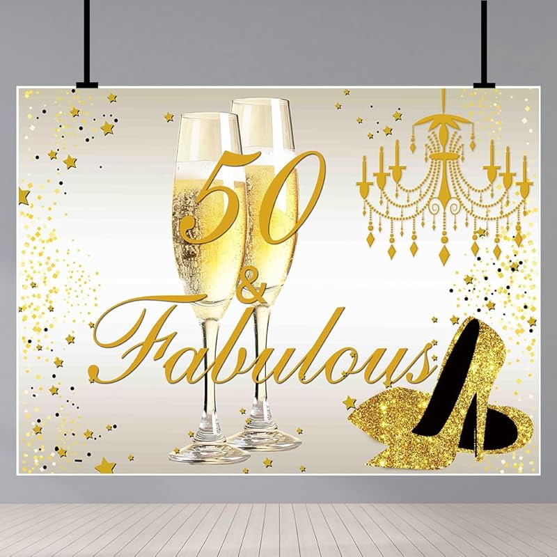 Gold 50th Birthday Backdrop for Women Glitter High Heels Champagne ...