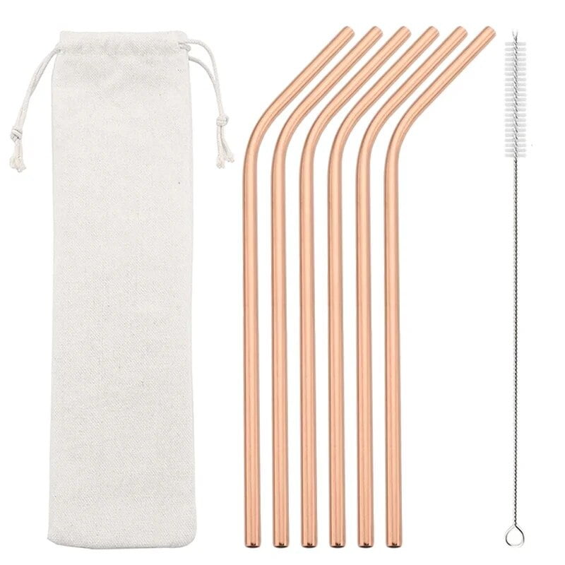 Gold 6Pcs Reusable Metal Straws Set with Cleaner Brush 304 Stainless ...