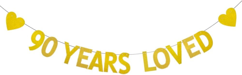 Gold 90 YEARS LOVED Banner, Pre-Strung,90th Birthday Party Decorations ...
