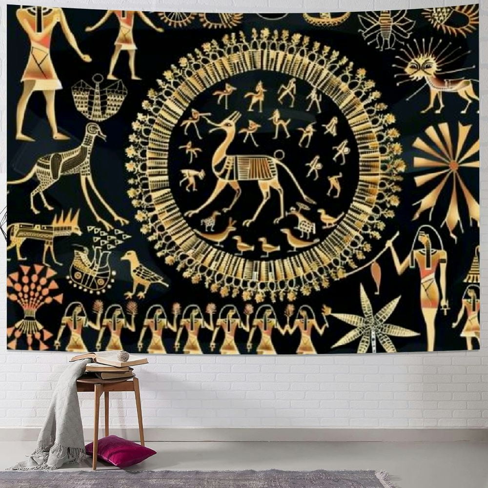 Gold on A Black Tapestry Warli Peynting Hand Drawn Traditional The ...