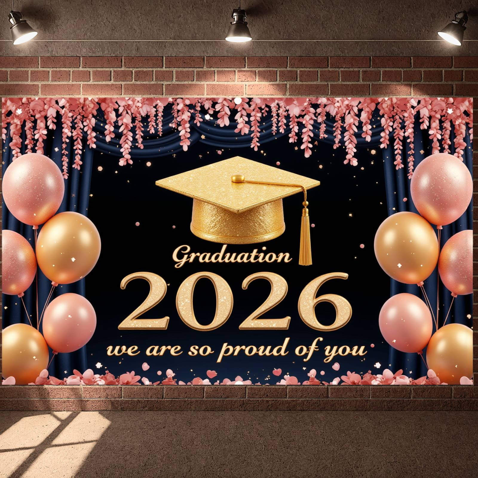 Gold Accent Graduation Banner Navy Blue Congrats Backdrop Graduation ...