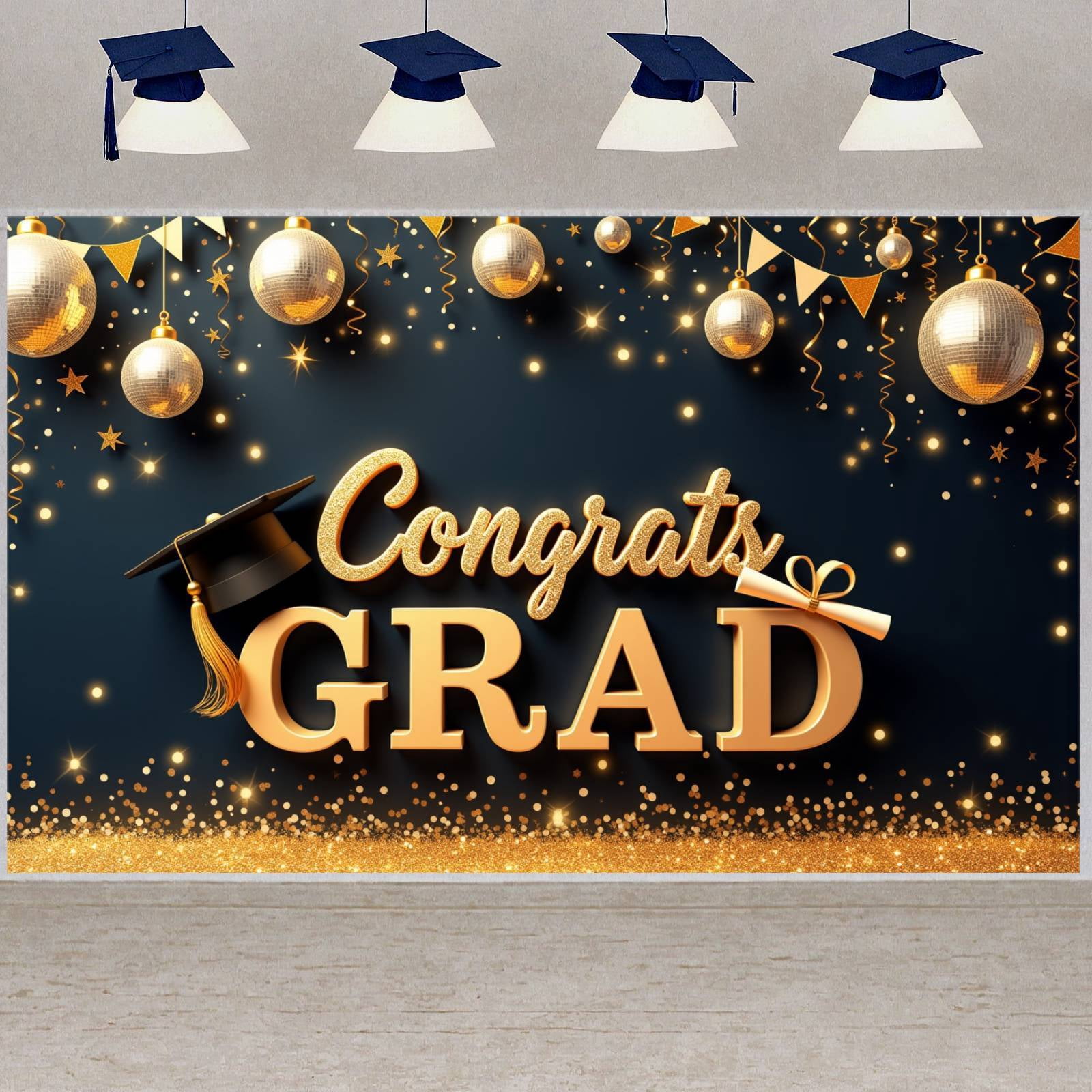 Gold Accent Graduation Banner Navy Blue Congrats Backdrop Graduation ...