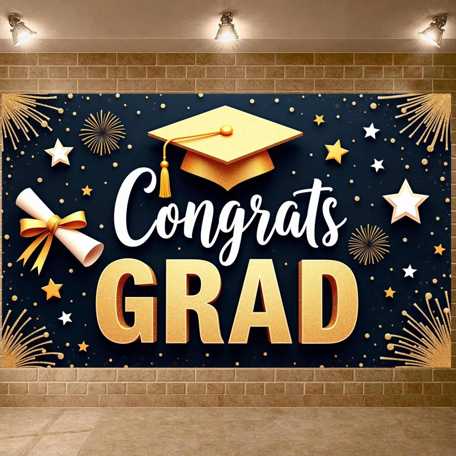Gold Accent Graduation Banner Navy Blue Congrats Backdrop Graduation ...