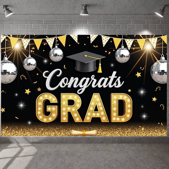 Gold Accent Graduation Banner Navy Blue Congrats Backdrop Graduation ...