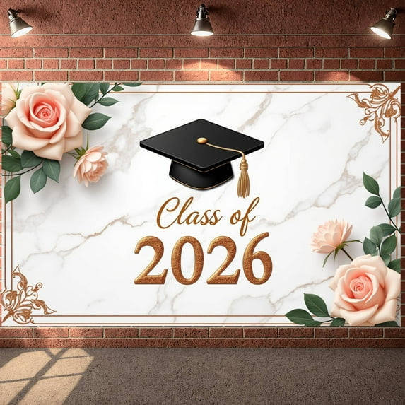 Gold Accent Graduation Banner Pink Roses Class of 2026 Display Marble ...