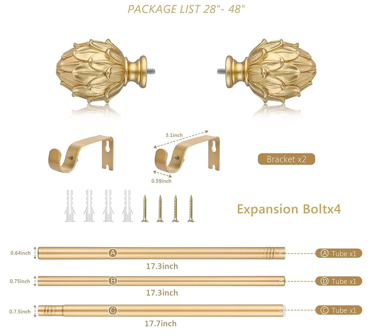 Gold Adjustable Drapery Rods - 6/8 Inch Diameter, 28 - 48 Inches, with ...