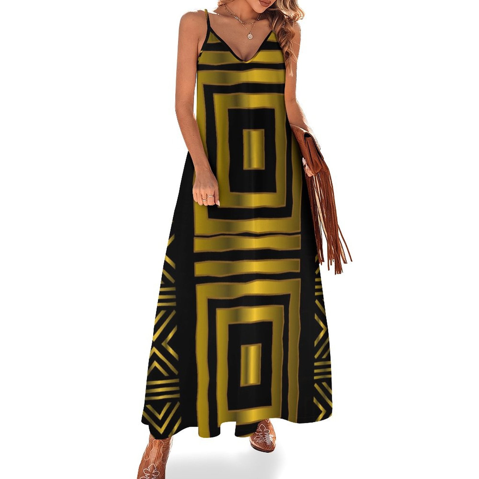 Gold African Bogolan Design Sleeveless Dress Bride dresses elegant party dress for women 2025 ...