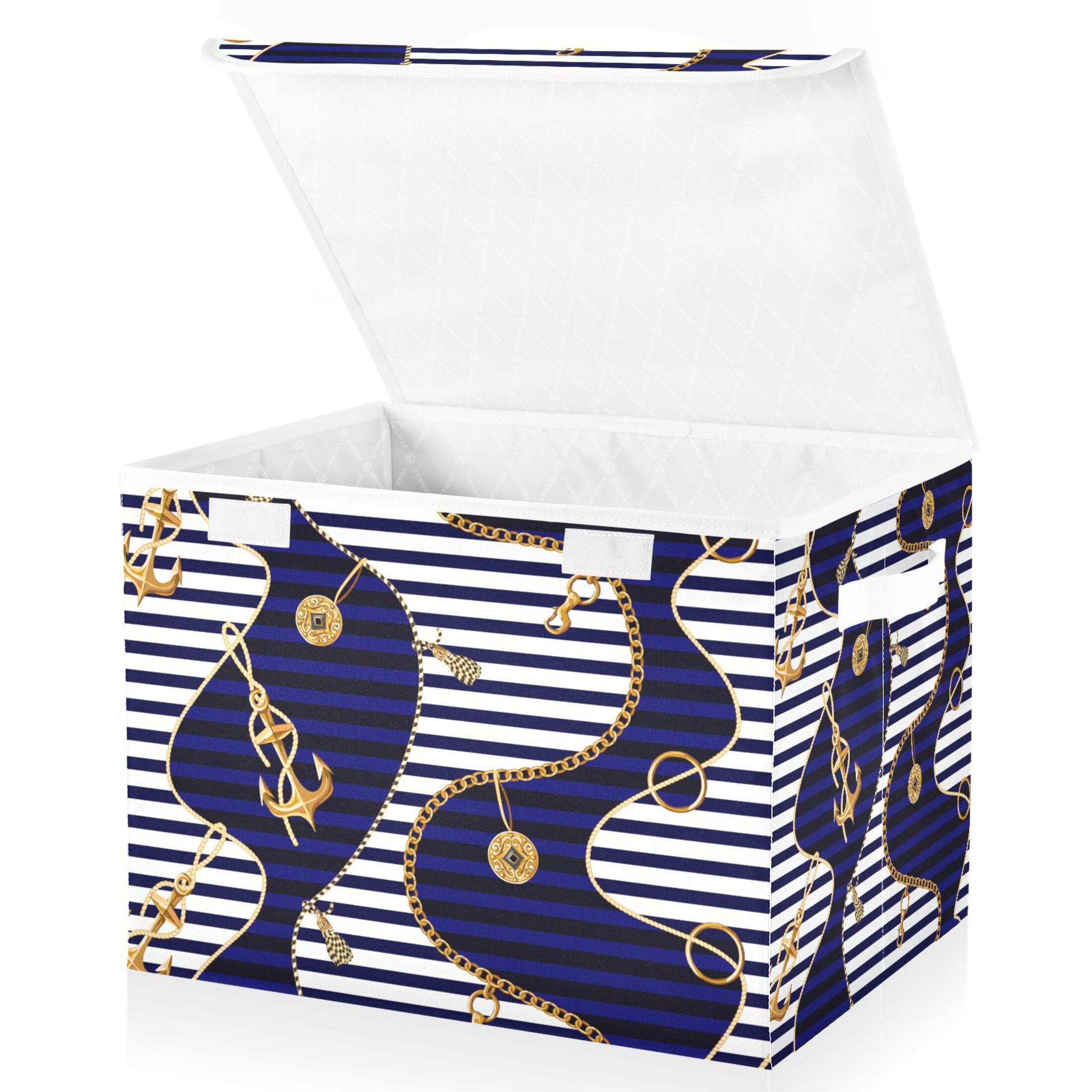Gold Anchor Coins and Chains Navy Stripes Large Lidded Storage Bin ...