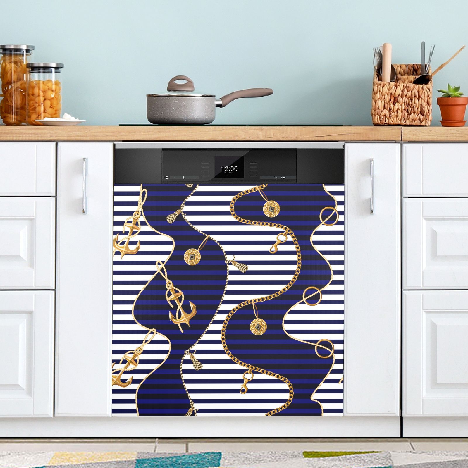 Gold Anchor Coins and Chains Navy Stripes Magnetic Dishwasher Cover ...