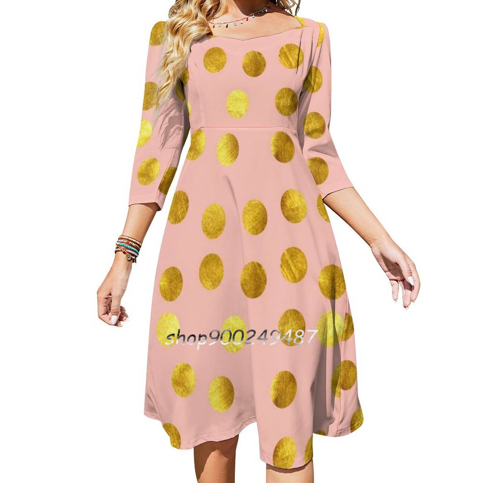Gold And Pink Dots Flare Dress Square Neck Dress Elegant Female Fashion ...