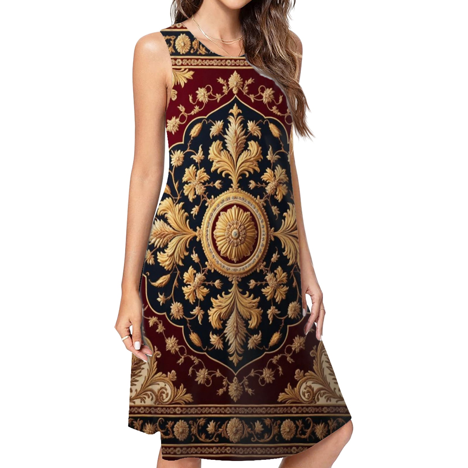 Gold And Red Ornate Floral Pattern Casual Sleeveless Loose Sundress ...