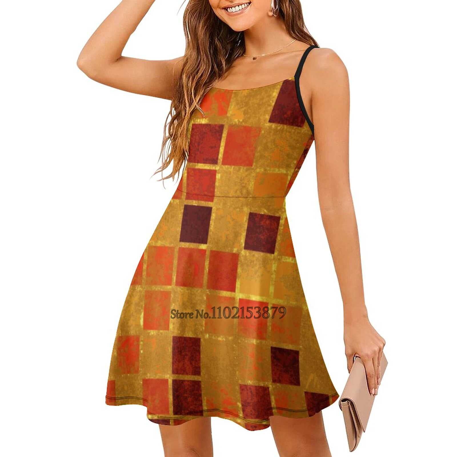 Gold And Red Squares Back Lacing Backless Dress Square Neck Dress Sweet ...