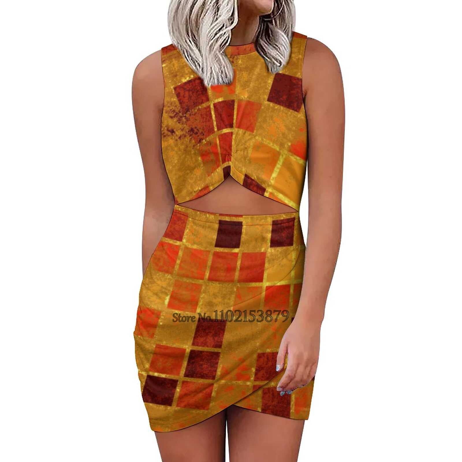 Gold And Red Squares Back Lacing Backless Dress Square Neck Dress Sweet ...