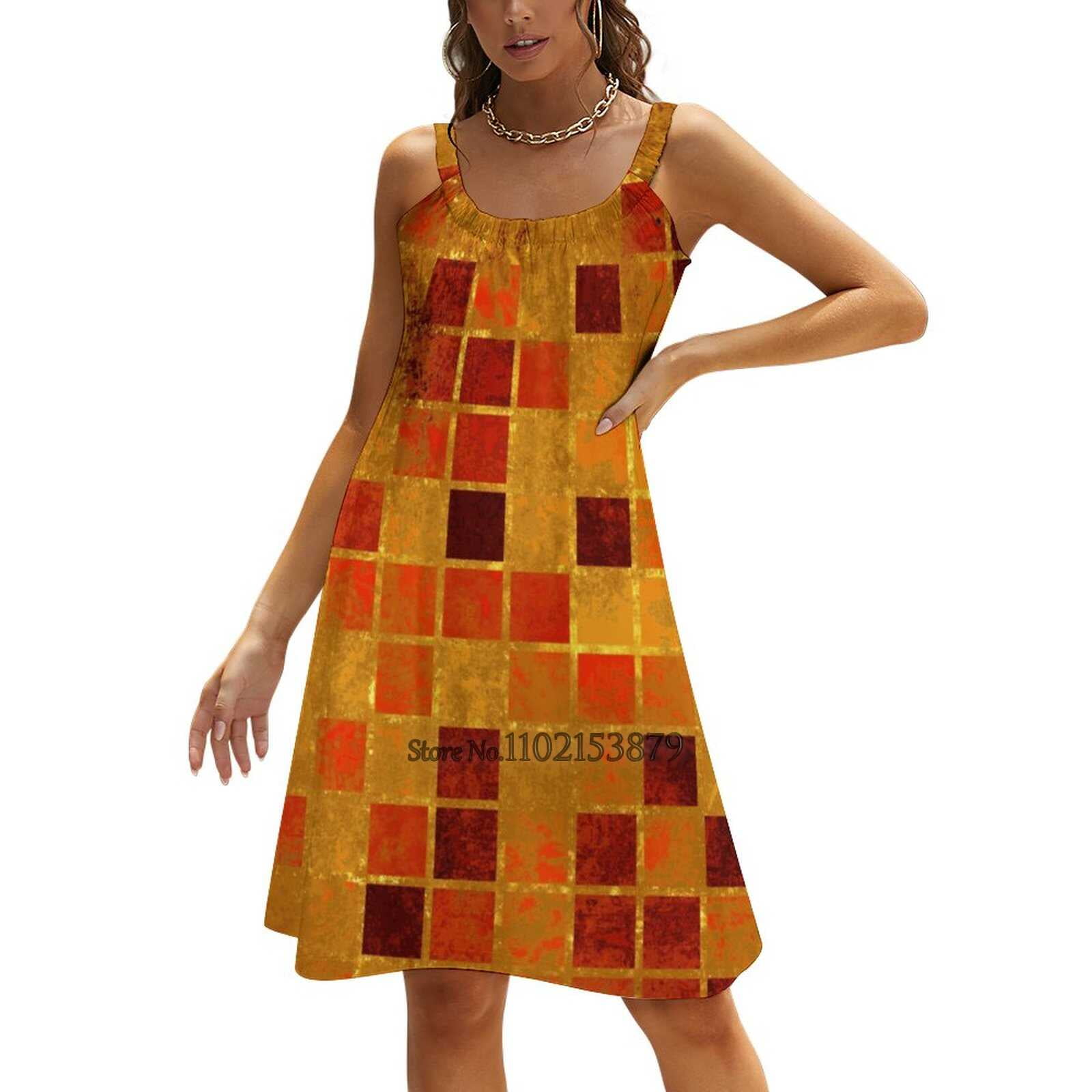Gold And Red Squares Back Lacing Backless Dress Square Neck Dress Sweet ...