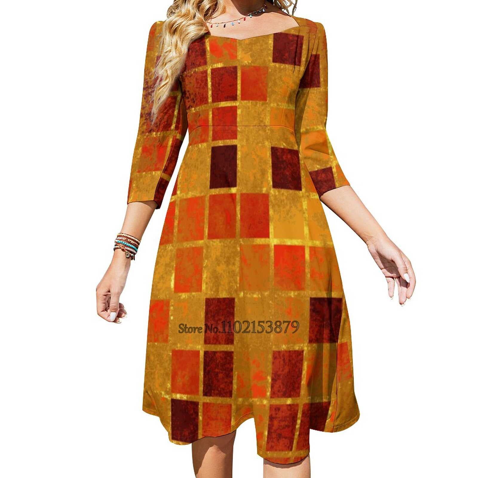 Gold And Red Squares Back Lacing Backless Dress Square Neck Dress Sweet ...