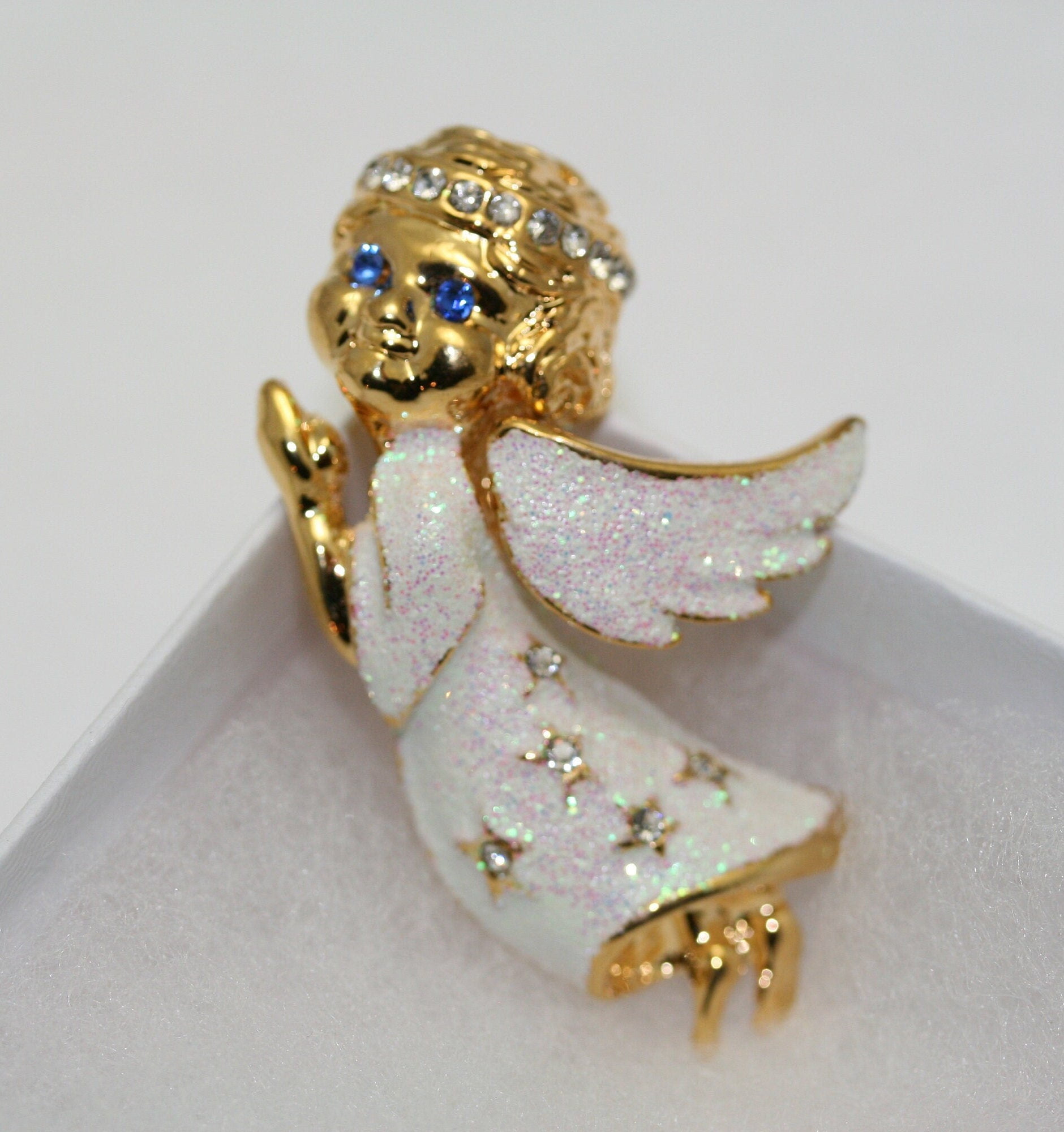 Gold Angel Brooch Pin, Rhinestone Angel with Halo Glitter White Dress ...