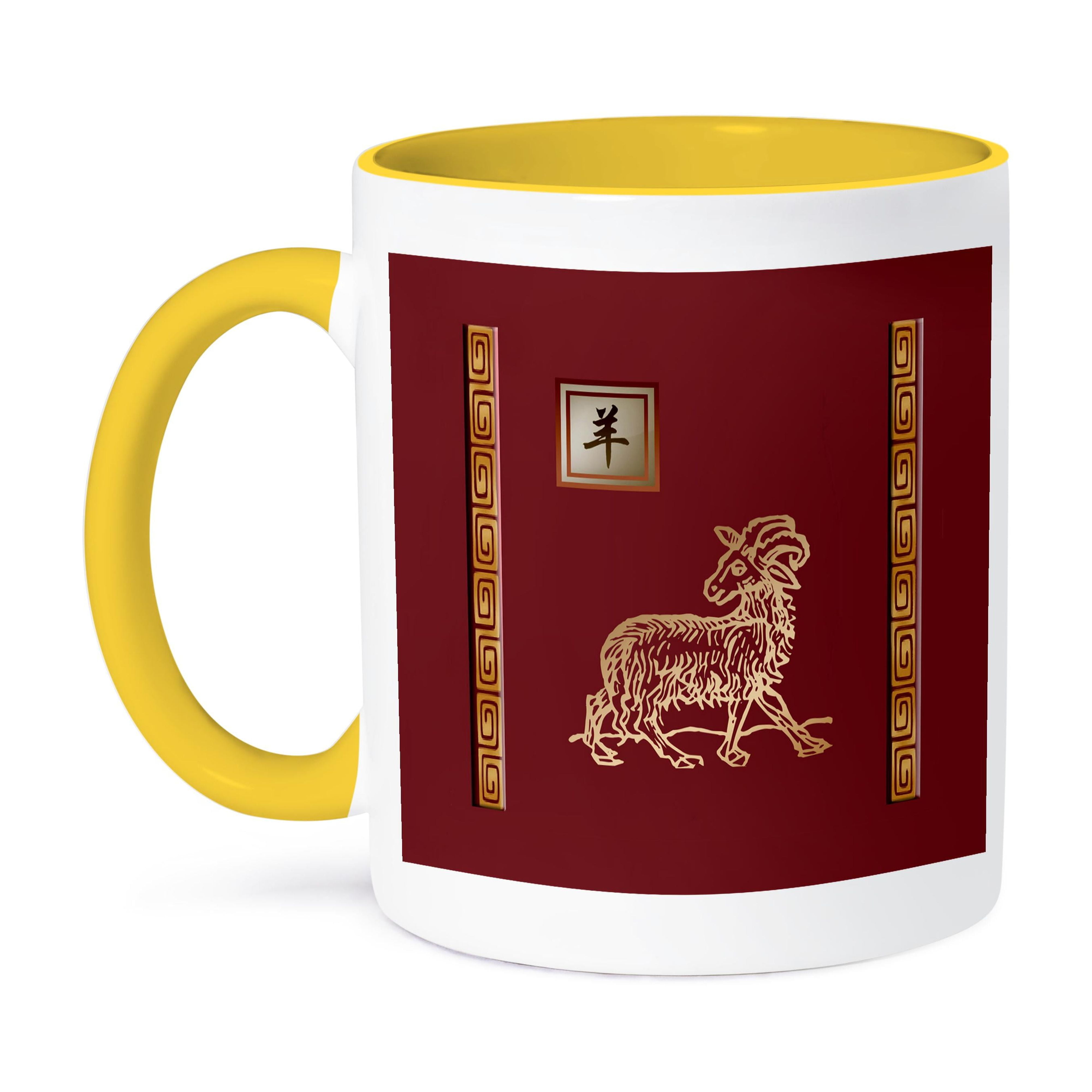 3dRose, Gold Angora Goat on Red with Chinese Sign of the Goat, 11oz Two ...