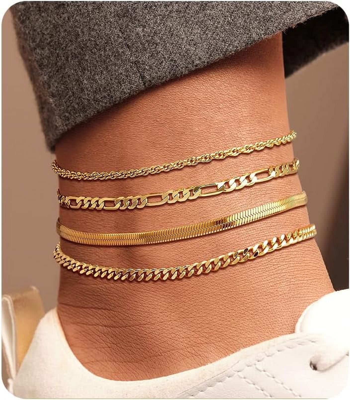 Gold Ankle Bracelets For Women 14K Gold Plated Waterproof Figaro Cuban Link Chain Anklets Set ...