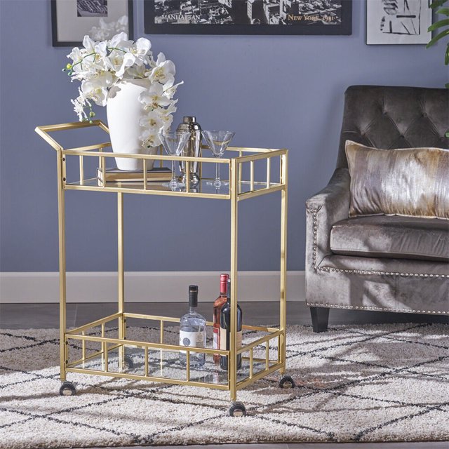 Gold Antique Glass Trolley with Wheels Bar Cart Barware Kitchen Bar ...