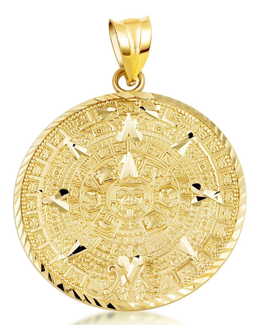 Gold Aztec Calendar Pendant Medallion Necklace (Large) (10K Yellow Gold ...