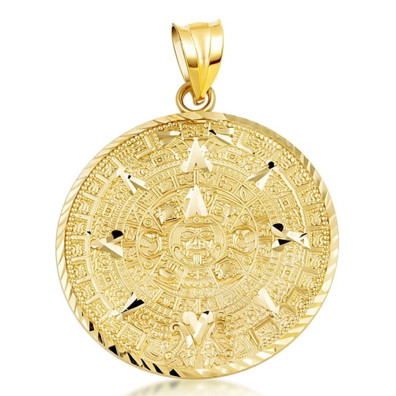 Gold Aztec Calendar Pendant Medallion Necklace (Large) (10K Yellow Gold ...