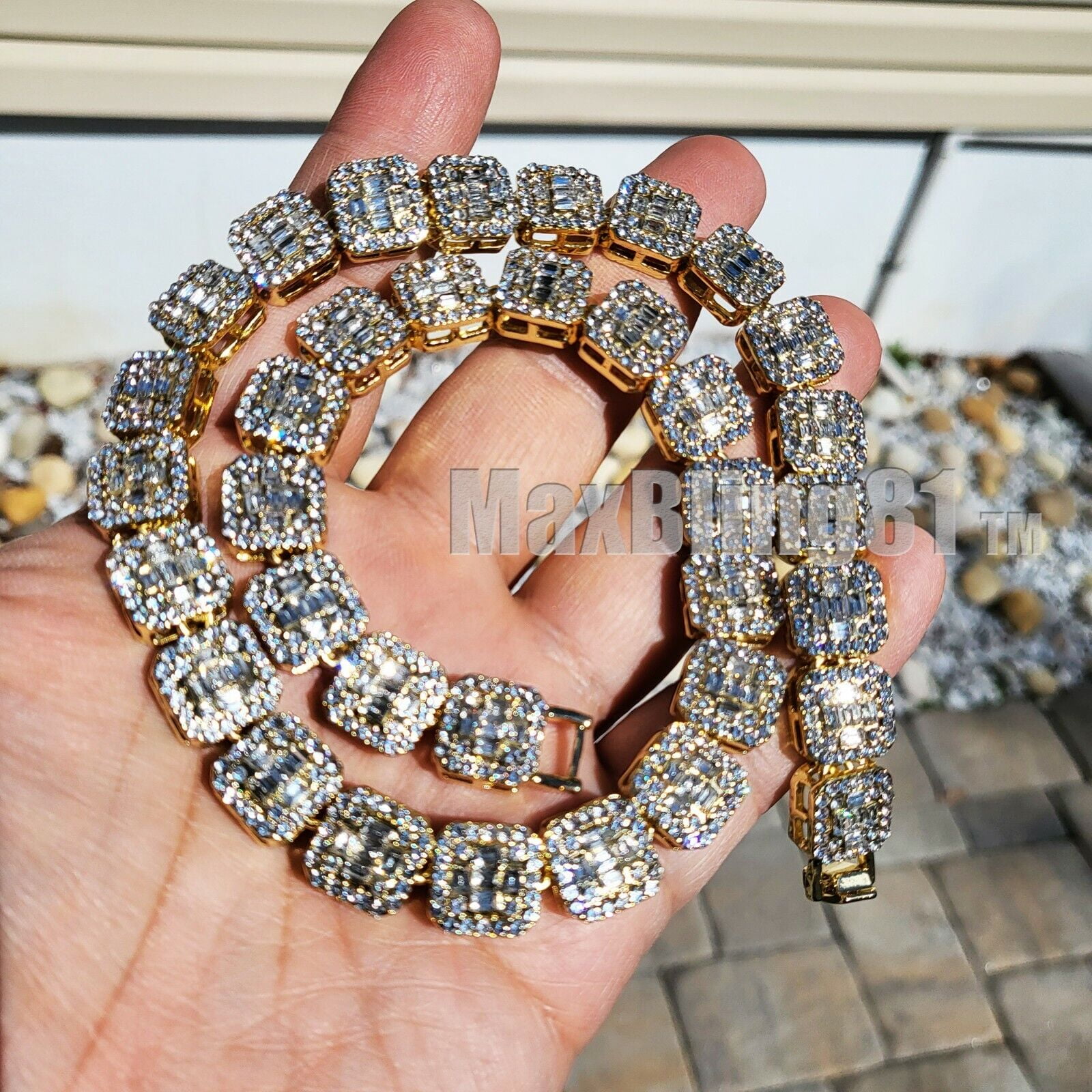 Gold BRICK SQUAD ESKIMO Pendant & 16" 18" 20" Iced Baguette stone Chain ...