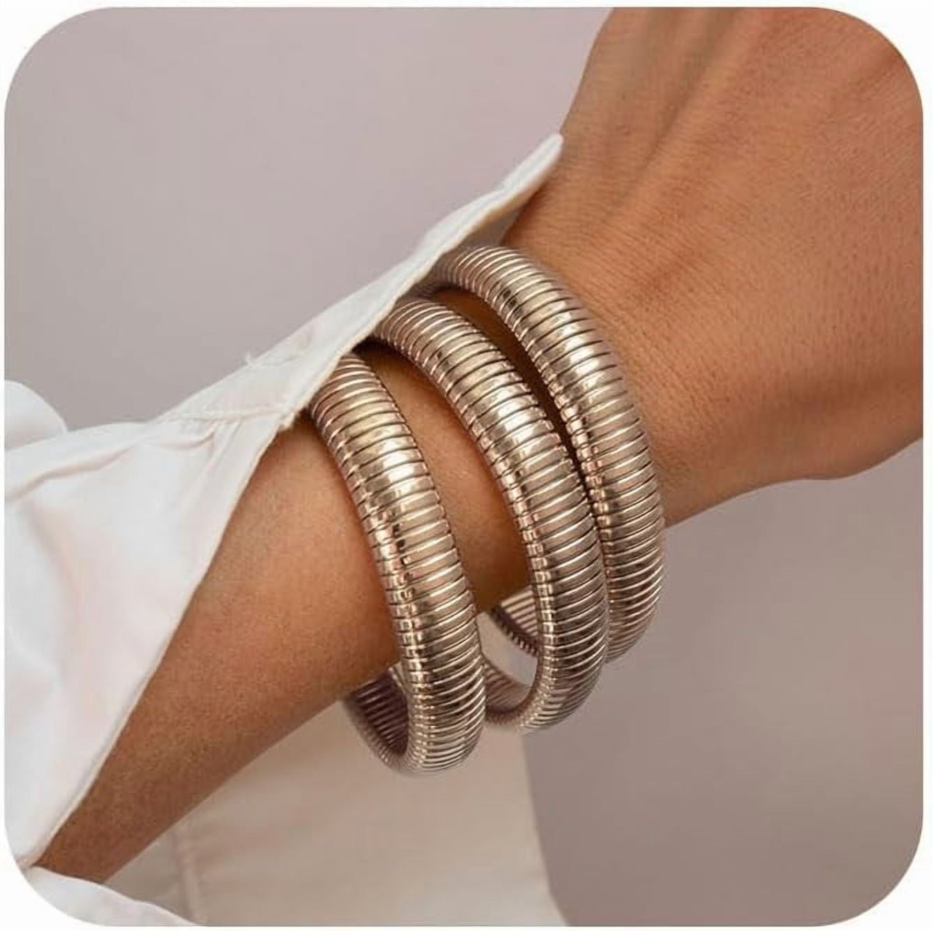 Gold Bangles for Women Set of 3 Chunky Stretch Bangles Bracelets 24K Gold Plated Stainless Steel ...