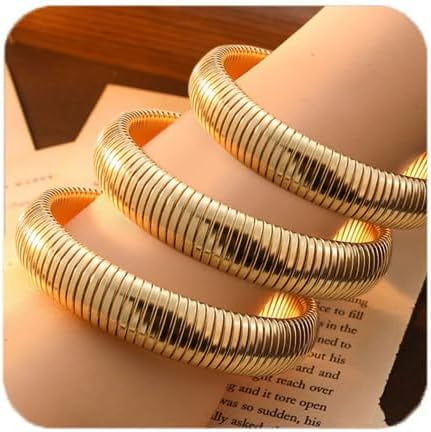 Gold Bangles for Women Set of 3 Chunky Stretch Bangles Bracelets 24K Gold Plated Stainless Steel ...