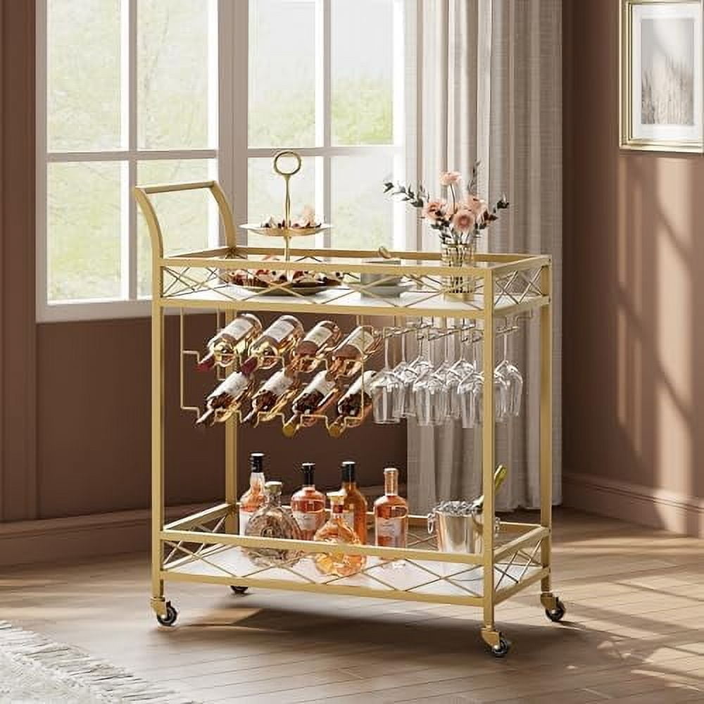 Gold Bar Cart, 2 Tier Bar Cart with Wheels for Home, Gold Rolling Cart ...