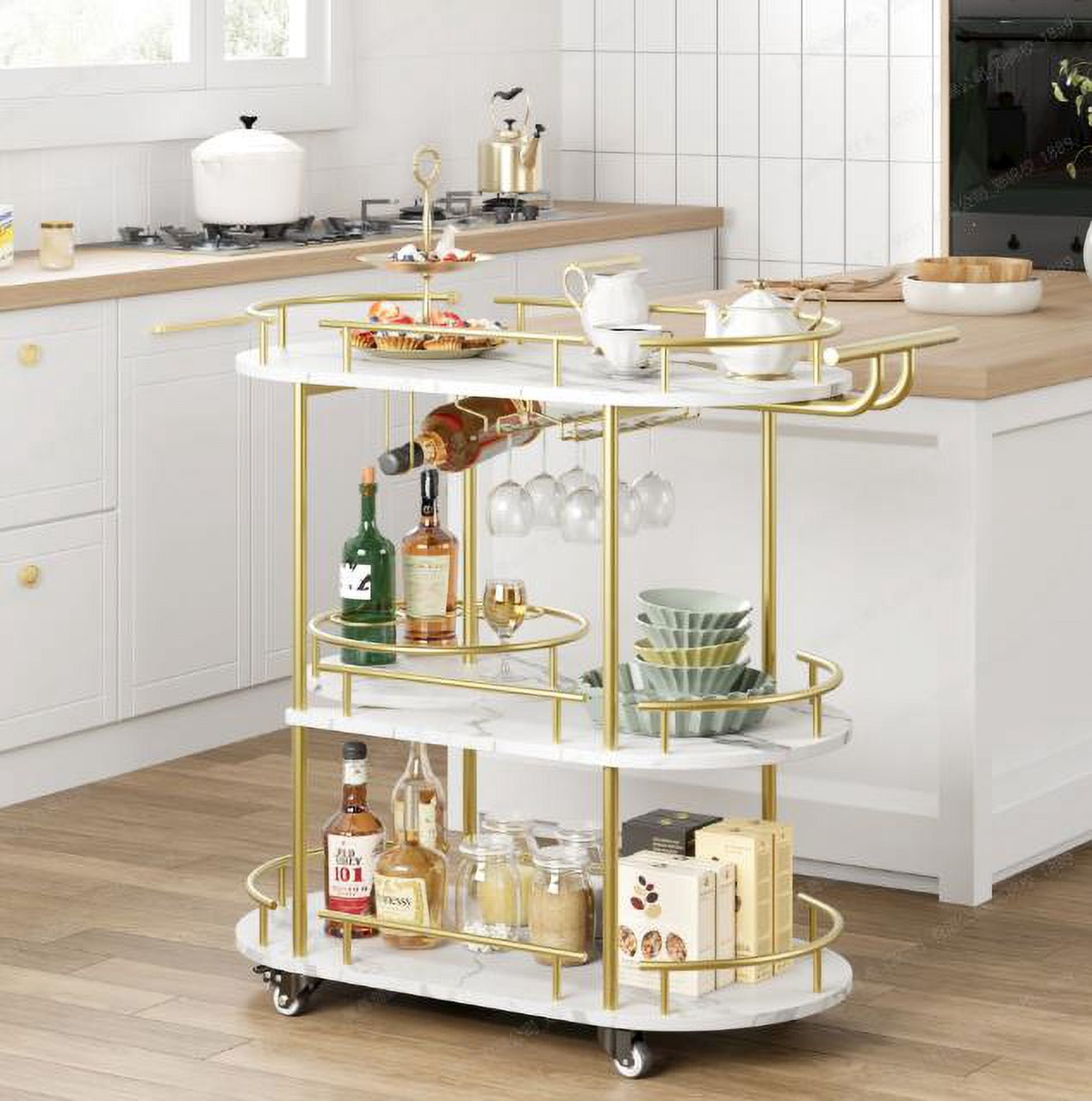 Gold Bar Cart, 3 Tier Bar Carts for The Home, Rotated Bar Cart Gold ...