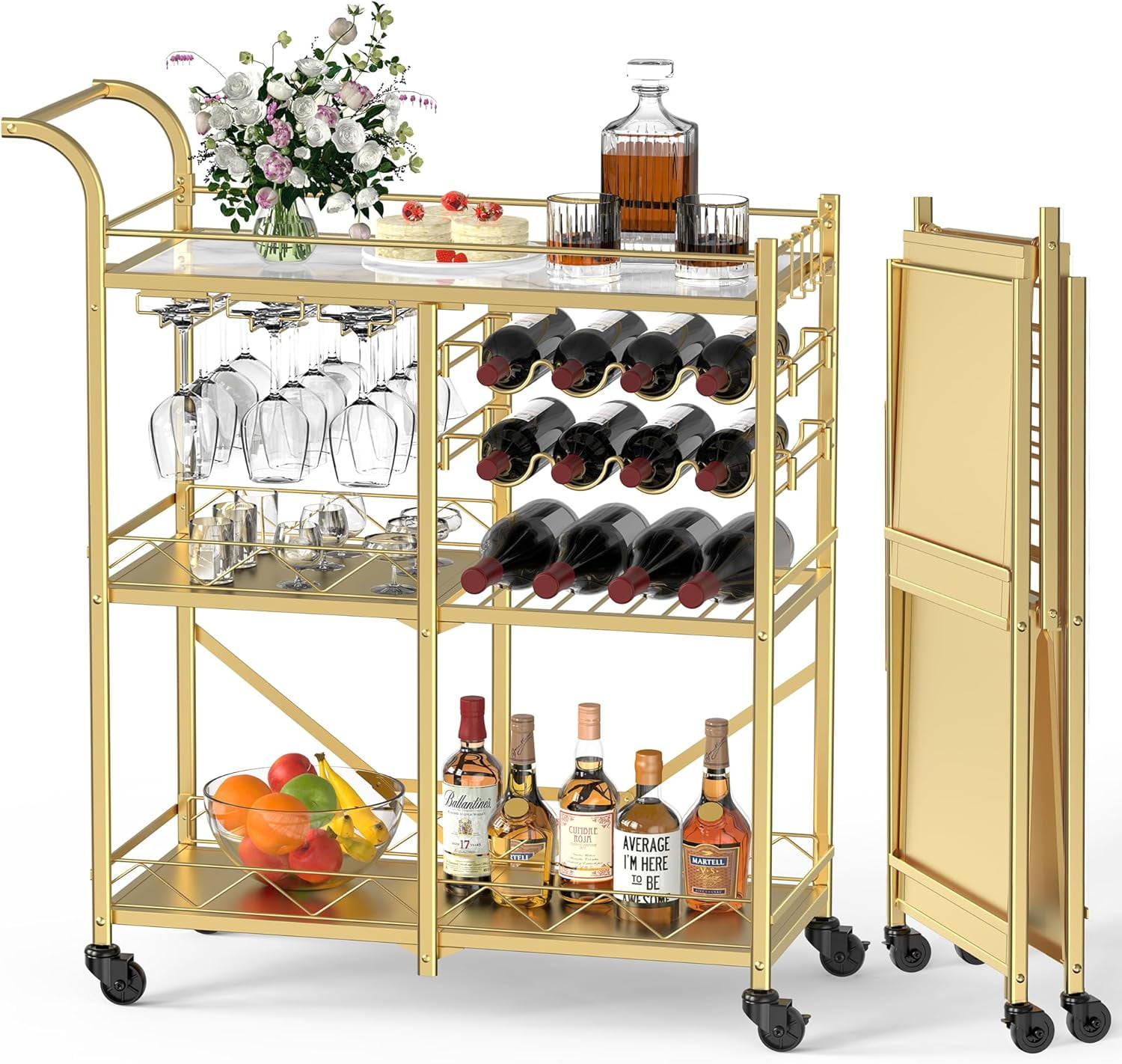 Gold Bar Cart, 3 Tier Home Bar & Serving Carts with Wheels, Modern ...