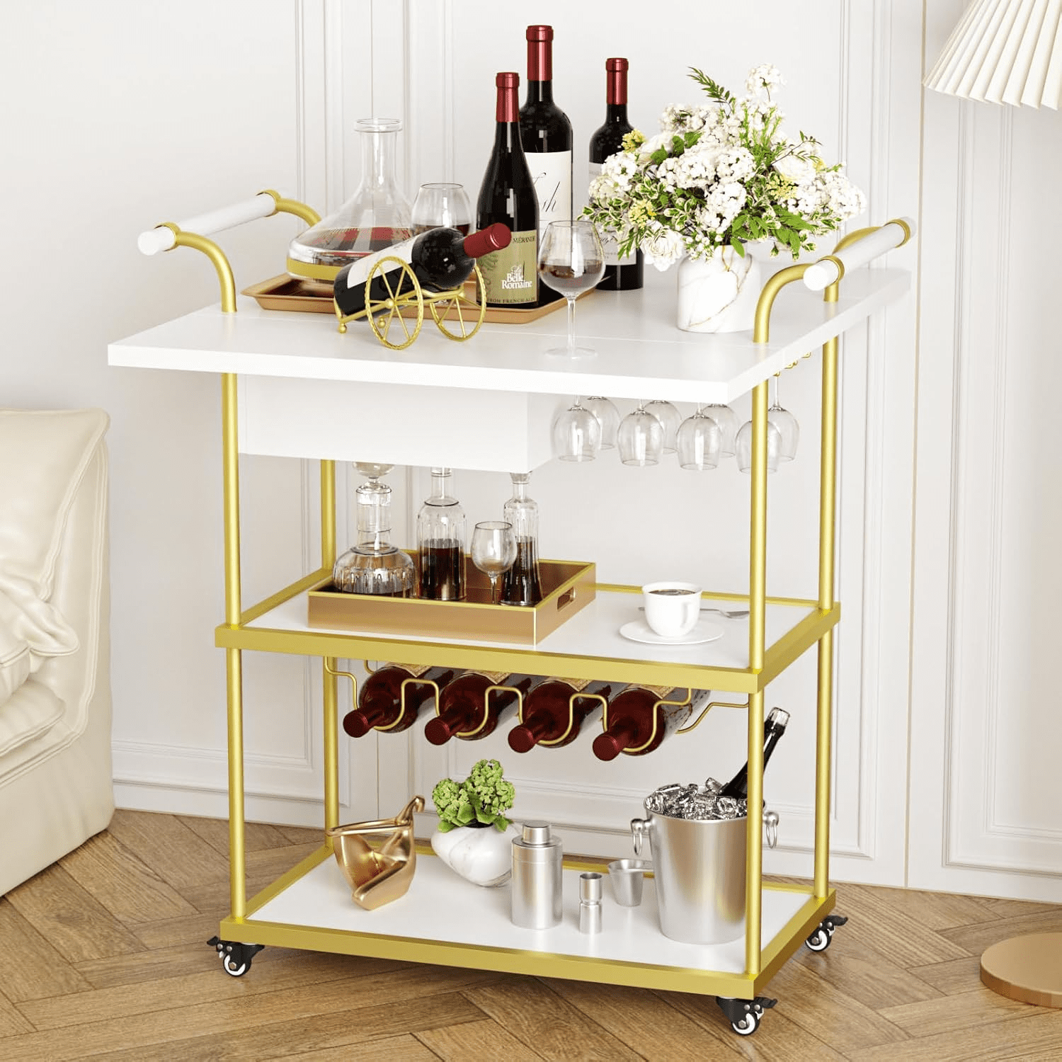 Gold Bar Cart 3 Tier Bar Serving Cart on Wheels with Storage and ...