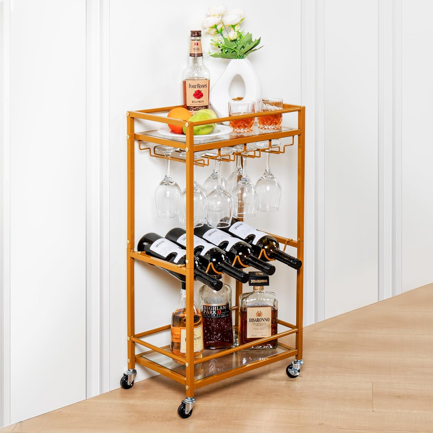 Gold Bar Cart with Storage - Glass Shelves & Premium Gold Paint - 360 ...