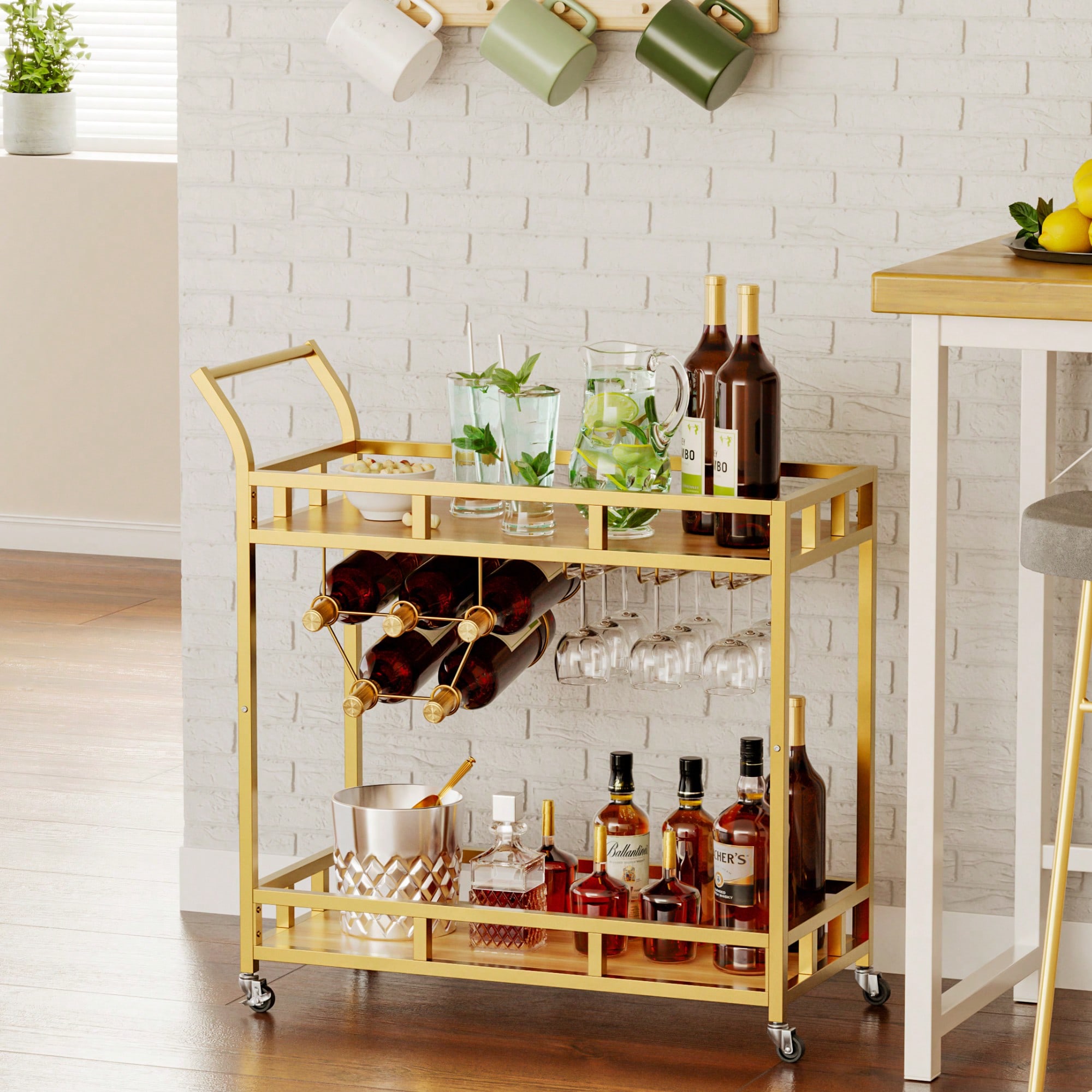 Gold Bar Cart with Wine Rack – Double Removable Trays, Lockable Wheels ...