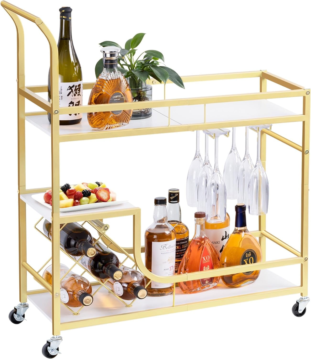 Gold Bar Cart with Wine Rack and Glass Holder, 2 Tier Bar Serving Carts ...