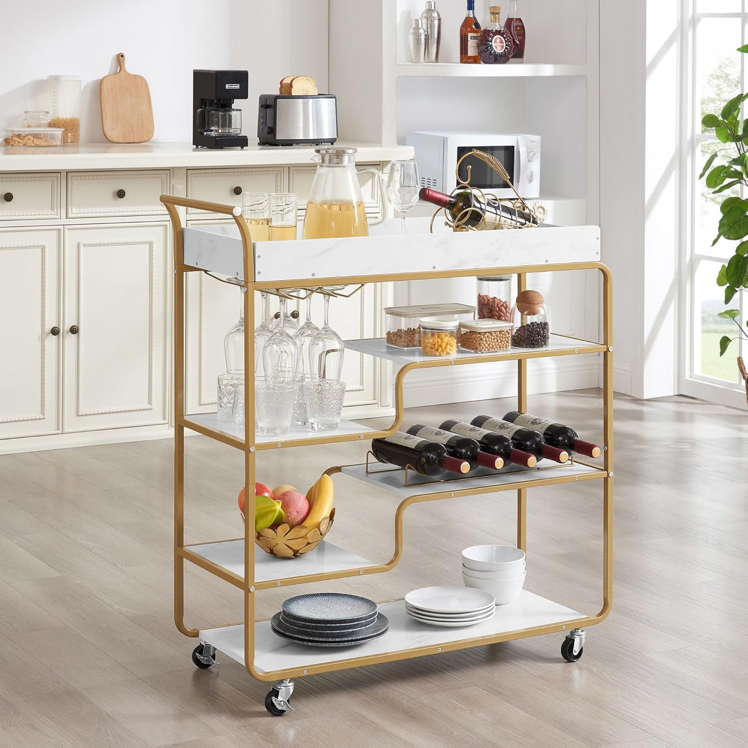 Gold Bar Carts with 6-Tier,Mobile Bar Serving Cart with Wine Rack and ...